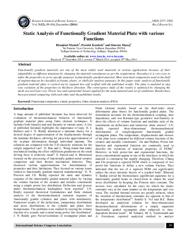 Pdf Static Analysis Of Functionally Gradient Material Plate With Various Functions