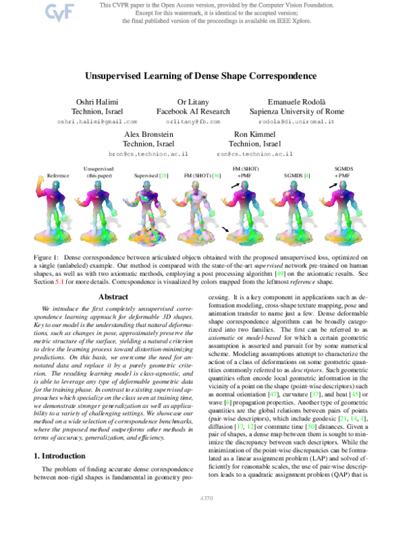 (PDF) Unsupervised Learning of Dense Shape Correspondence | oshri halimi - Academia.edu