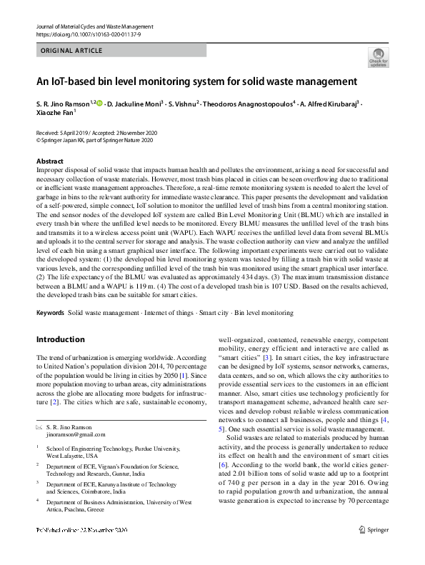 (PDF) An IoT-based bin level monitoring system for solid waste management