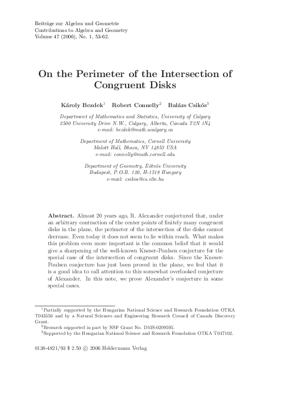 (PDF) On the perimeter of the intersection of congruent disks