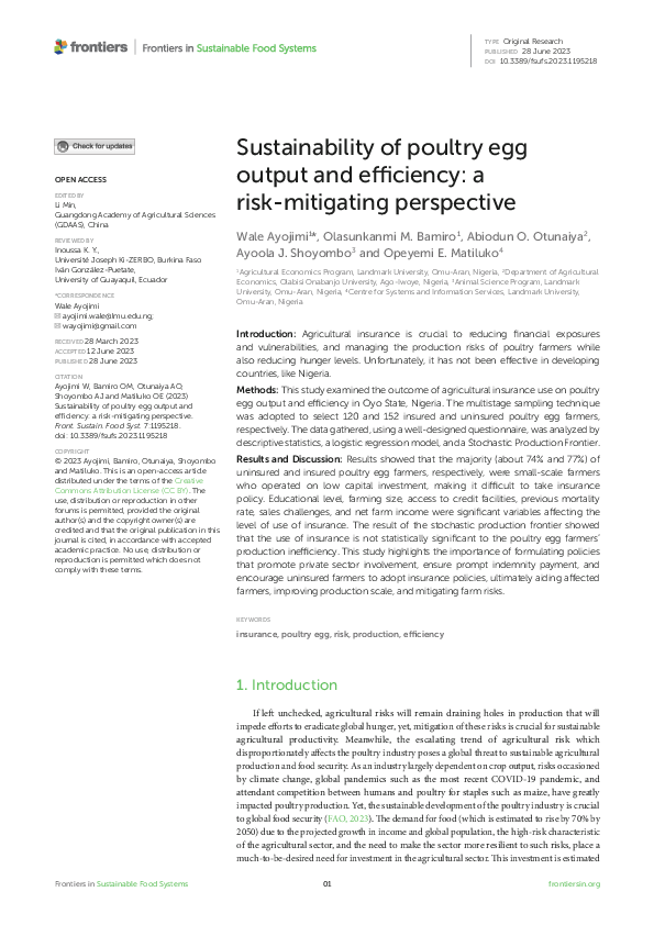 (PDF) Sustainability of poultry egg output and efficiency: a risk ...