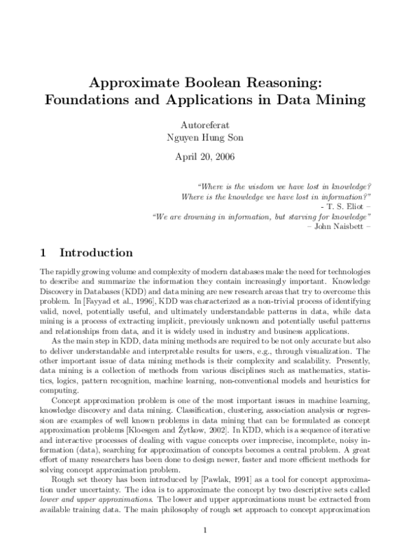 Pdf Approximate Boolean Reasoning Foundations And Applications In Data Mining Hung Son