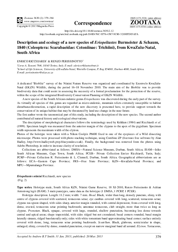 (PDF) Description and ecology of a new species of Eriopeltastes ...