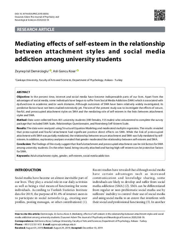 (PDF) Mediating effects of self-esteem in the relationship between attachment styles and social ...