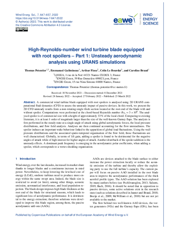 (PDF) High-Reynolds-number wind turbine blade equipped with root spoilers – Part 1: Unsteady ...