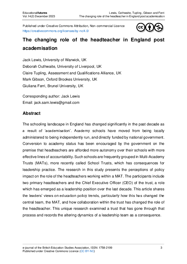 (PDF) The changing role of the headteacher in England post academisation