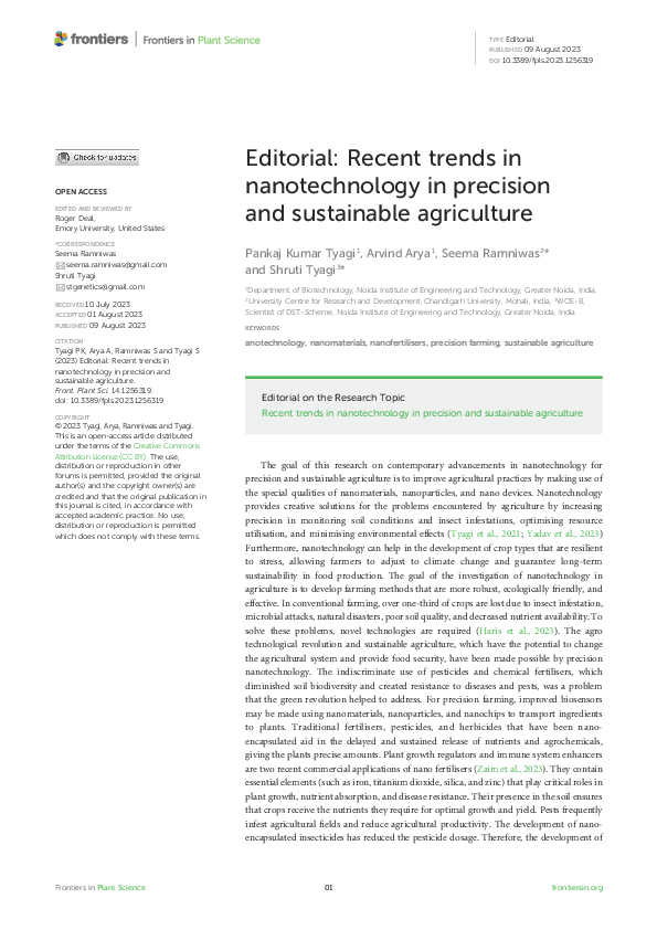 (PDF) Editorial: Recent trends in nanotechnology in precision and sustainable agriculture