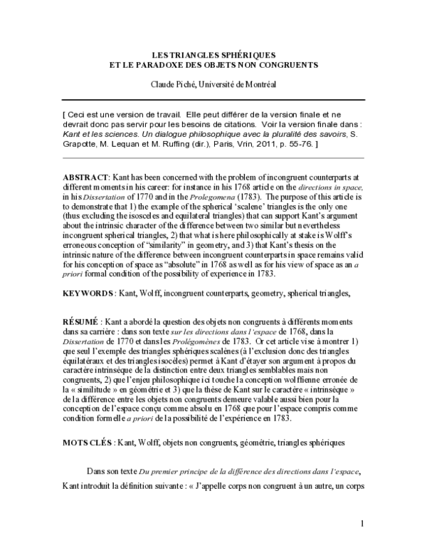 (PDF) Les triangles sphériques et le paradoxe des objets non congruents
