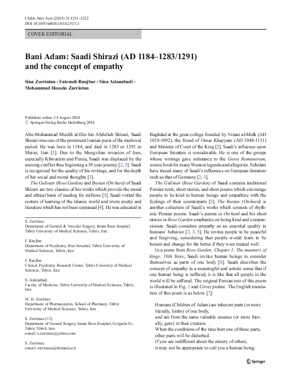 (PDF) Bani Adam: Saadi Shirazi (AD 1184–1283/1291) and the concept of ...