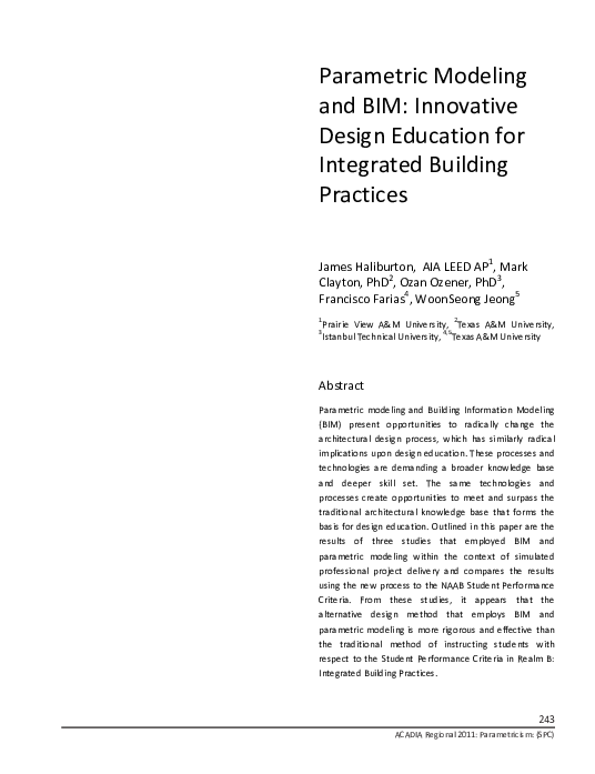 (PDF) Parametric Modeling and BIM: Innovative Design Education for Integrated Building Practices