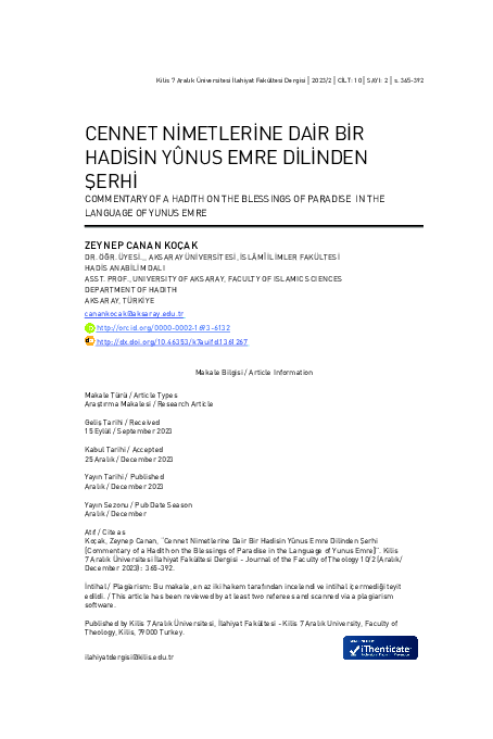 (PDF) CENNET NİMETLERİNE DAİR BİR HADİSİN YÛNUS EMRE DİLİNDEN ŞERHİ ...