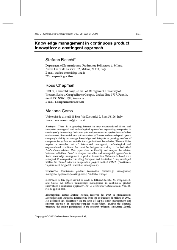 (PDF) Knowledge management in continuous product innovation: a contingent approach