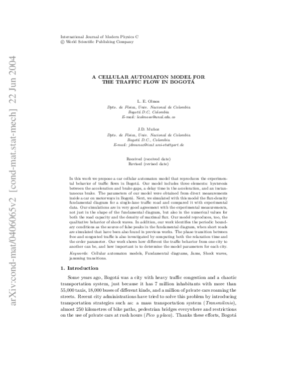 Pdf A Cellular Automaton Model For The Traffic Flow In Bogotá