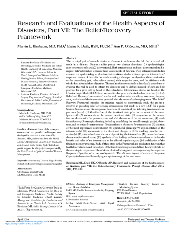 (PDF) Research and Evaluations of the Health Aspects of Disasters, Part VII: The Relief/Recovery ...