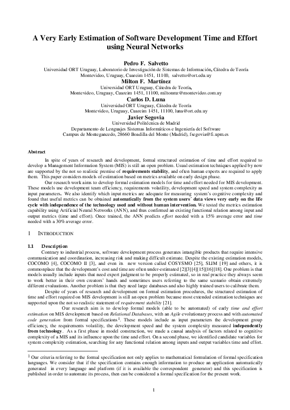 Pdf A Very Early Estimation Of Software Development Time And Effort Using Neural Networks