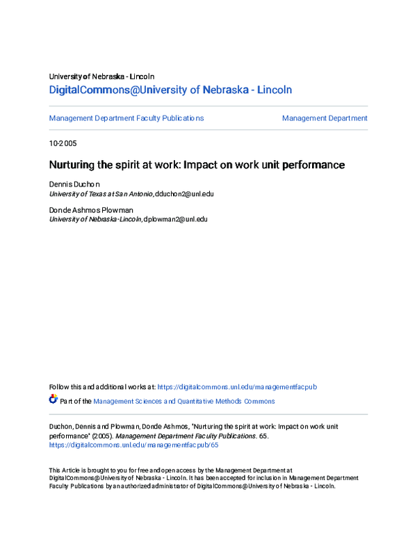 (PDF) Nurturing the spirit at work: Impact on work unit performance