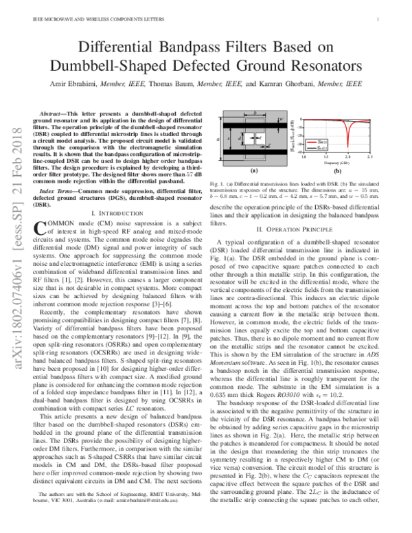 Pdf Differential Bandpass Filters Based On Dumbbell Shaped Defected Ground Resonators