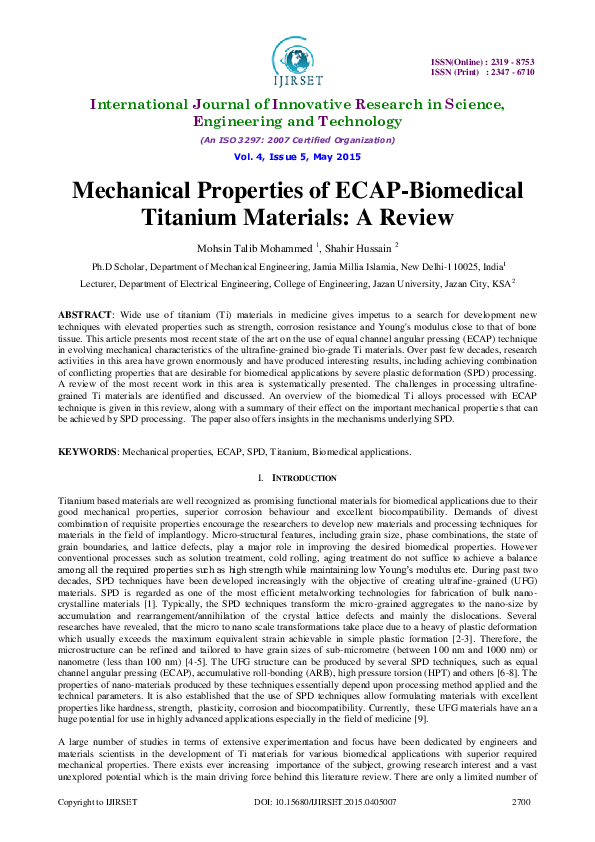 (PDF) Mechanical Properties of ECAP-Biomedical Titanium Materials: A Review