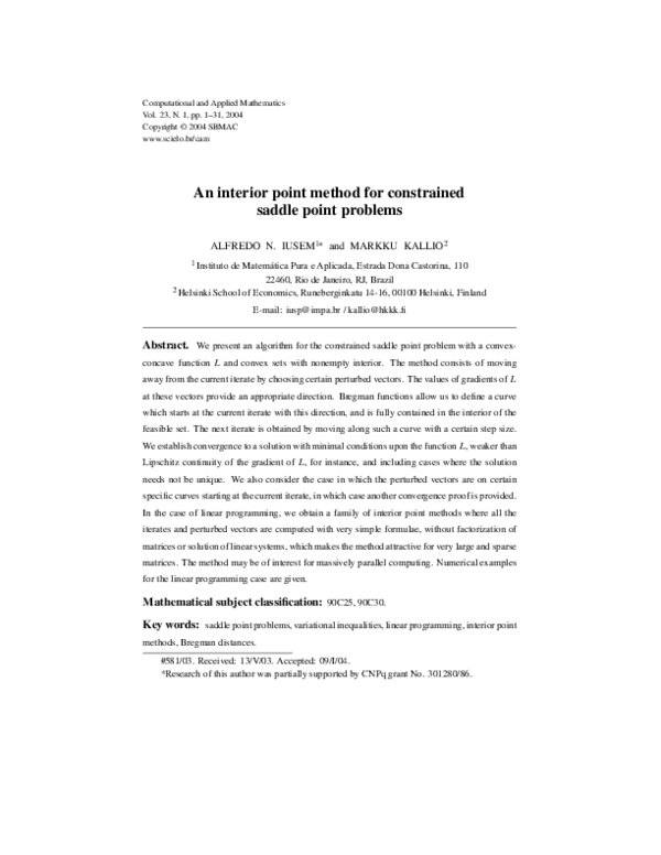 Pdf An Interior Point Method For Constrained Saddle Point Problems