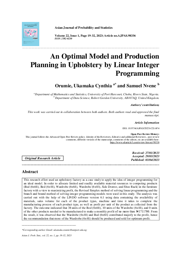 (PDF) An Optimal Model and Production Planning in Upholstery by Linear ...