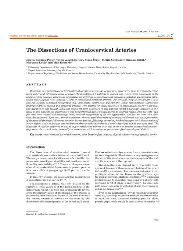 (PDF) The dissections of craniocervical arteries | Marijana Lisak ...