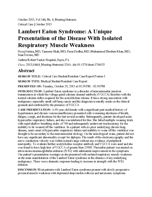 (PDF) Lambert Eaton Syndrome: A Unique Presentation of the Disease With Isolated Respiratory ...