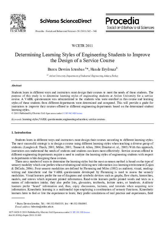 (PDF) Determining Learning Styles Of Engineering Students To Improve The Design Of A Service Course