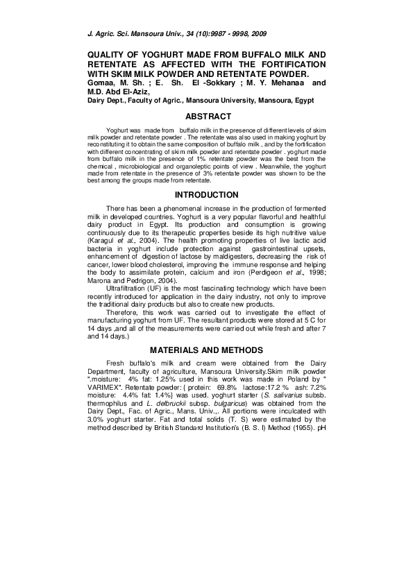 (PDF) Quality of Yoghurt Made from Buffalo Milk and Retentate as ...