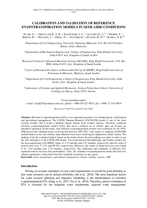 Pdf Calibration And Validation Of Reference Evapotranspiration Models In Semi Arid Conditions
