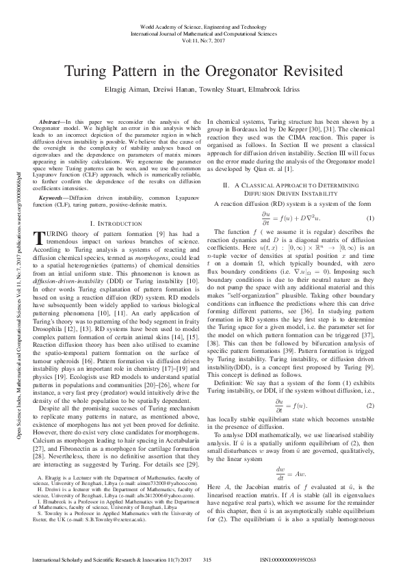 (PDF) Turing Pattern in the Oregonator Revisited | Aiman Elragig - Academia.edu
