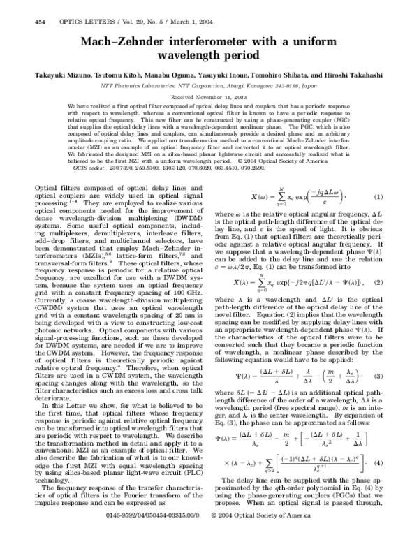 (PDF) Mach–Zehnder interferometer with a uniform wavelength period