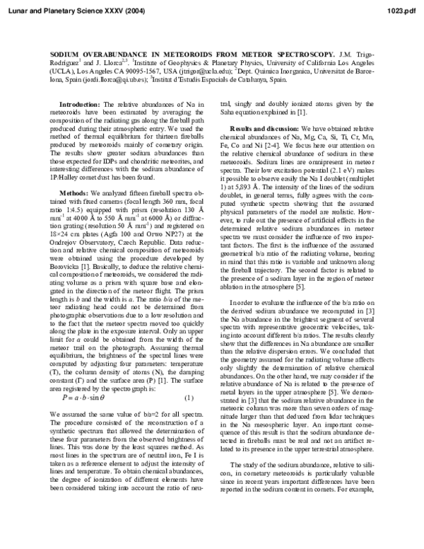 (PDF) Sodium Overabundance in Meteoroids from Meteor Spectroscopy