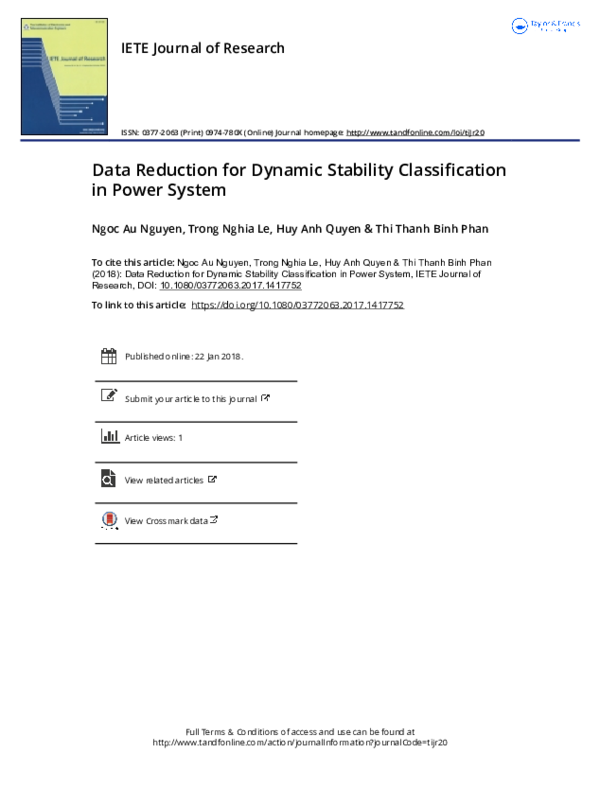 (PDF) Data Reduction for Dynamic Stability Classification in Power System