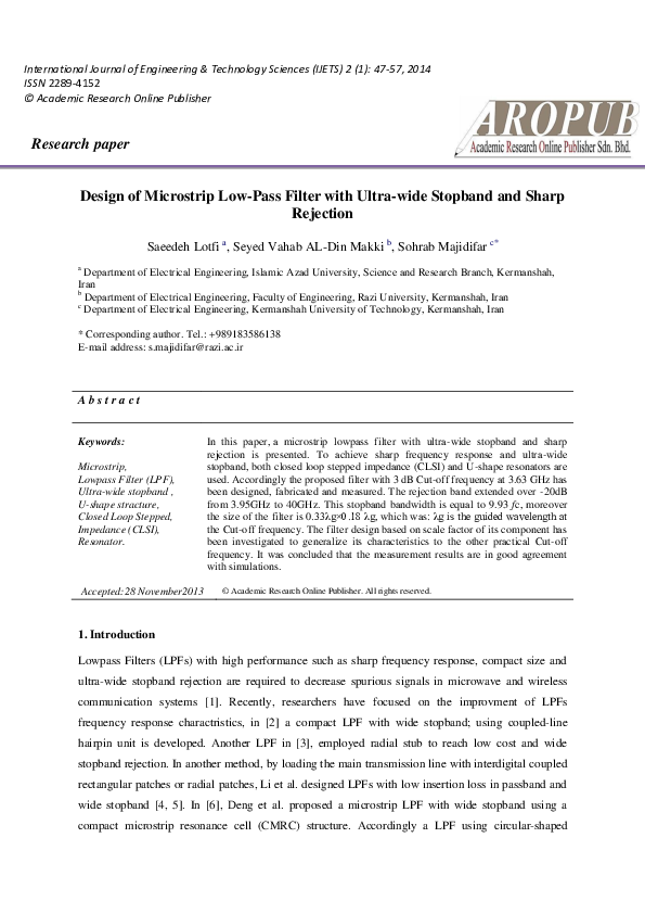 (PDF) Design of Microstrip Low-Pass Filter with Ultra-wide Stopband and ...