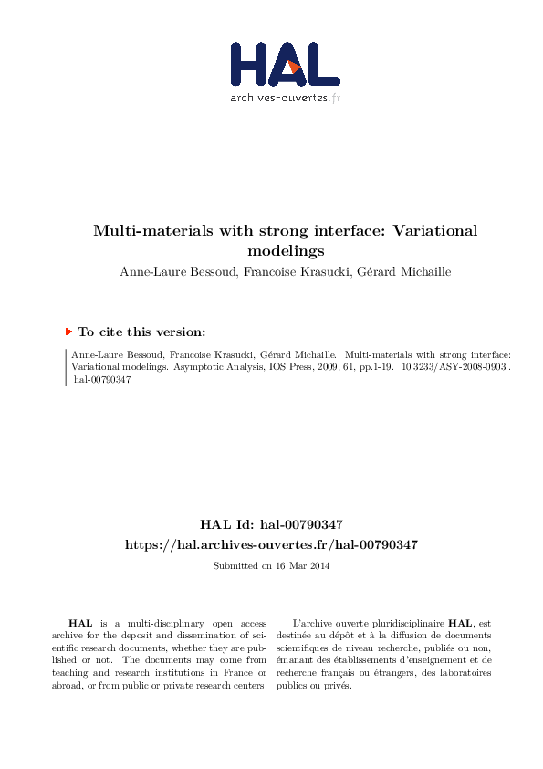 (PDF) Multi-materials with strong interface: Variational modelings
