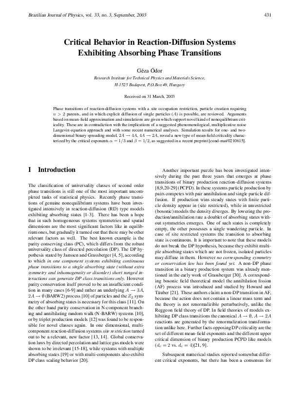 (PDF) Critical behavior in reaction-diffusion systems exhibiting absorbing phase transitions ...