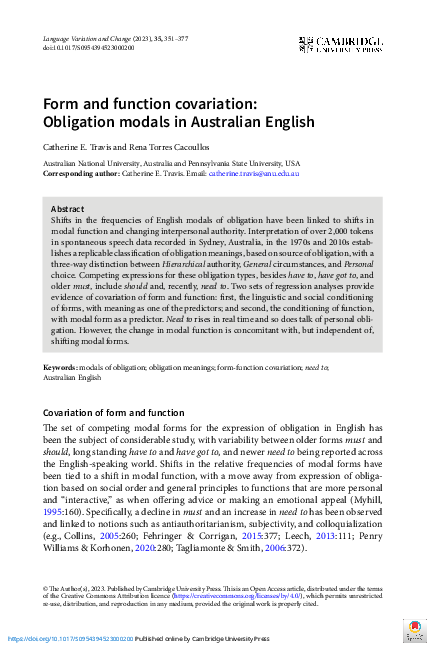 (PDF) Form and function covariation: Obligation modals in Australian ...
