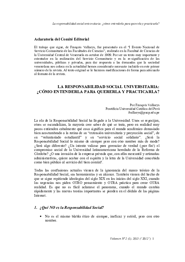 (PDF) La Responsabilidad Social Universitaria: ¿Cómo Entenderla Para Quererla y Practicarla?