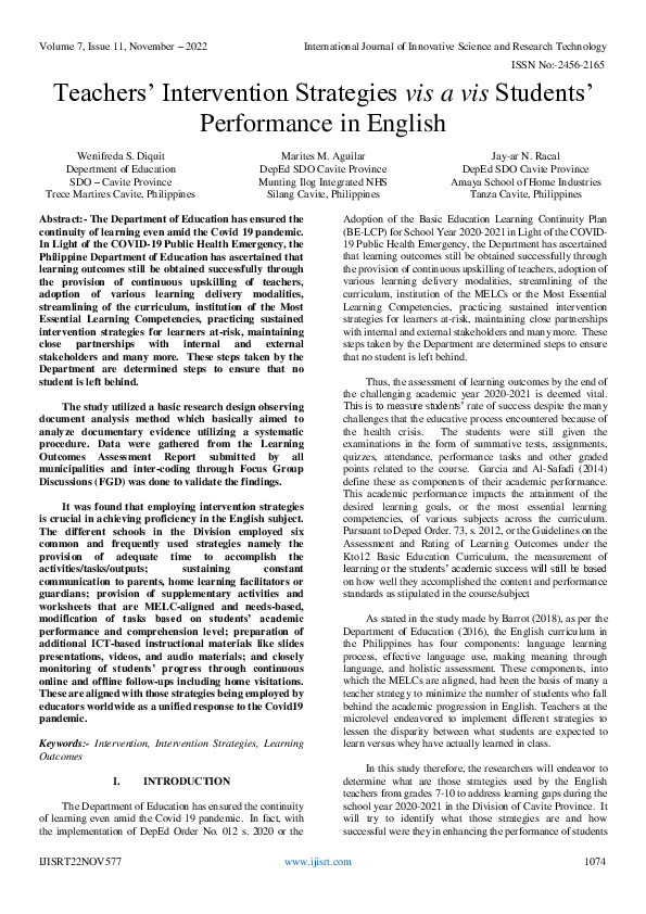 (PDF) Teachers' Intervention Strategies vis a vis Students' Performance ...