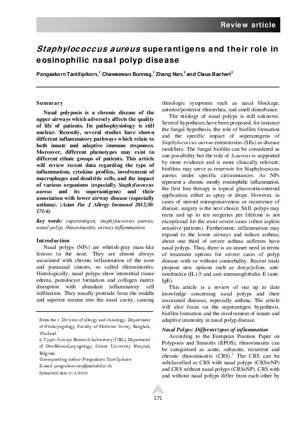 (PDF) Staphylococcus aureus superantigens and their role in eosinophilic nasal polyp disease