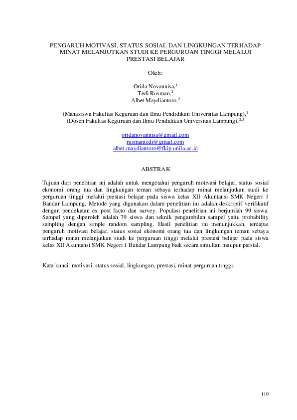 (PDF) Pengaruh Motivasi, Status Sosial dan Lingkungan terhadap Minat Perguruan Tinggi Melalui ...
