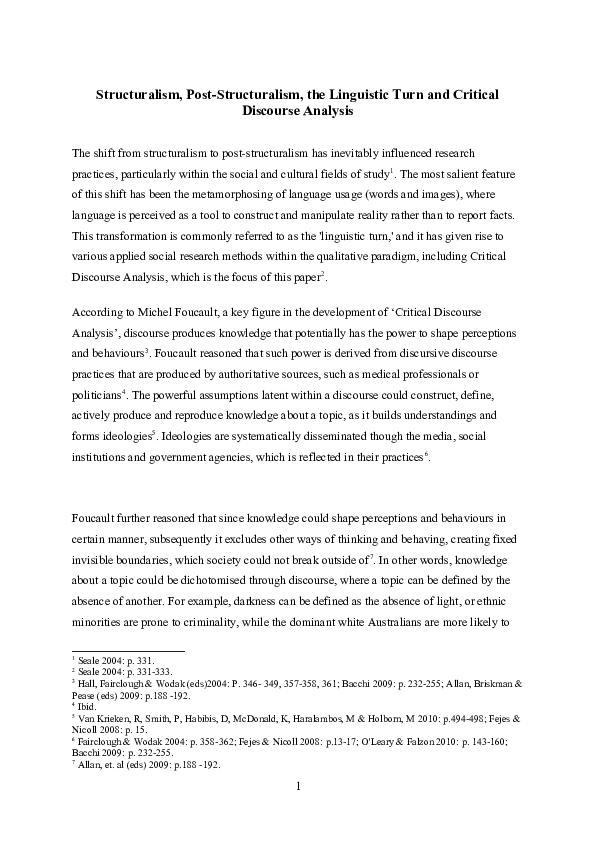 Doc Structuralism Post Structuralism The Linguistic Turn And Critical Discourse Analysis