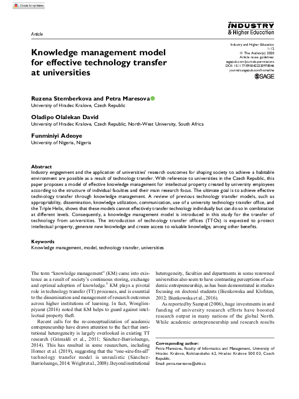 (PDF) Knowledge management model for effective technology transfer at universities
