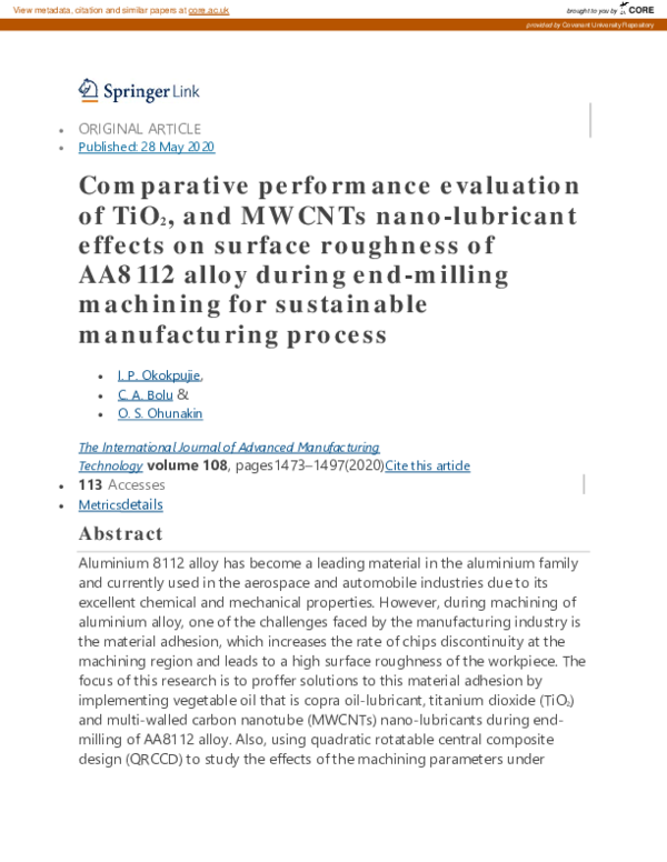 (PDF) Comparative performance evaluation of TiO2, and MWCNTs nano-lubricant effects on surface ...