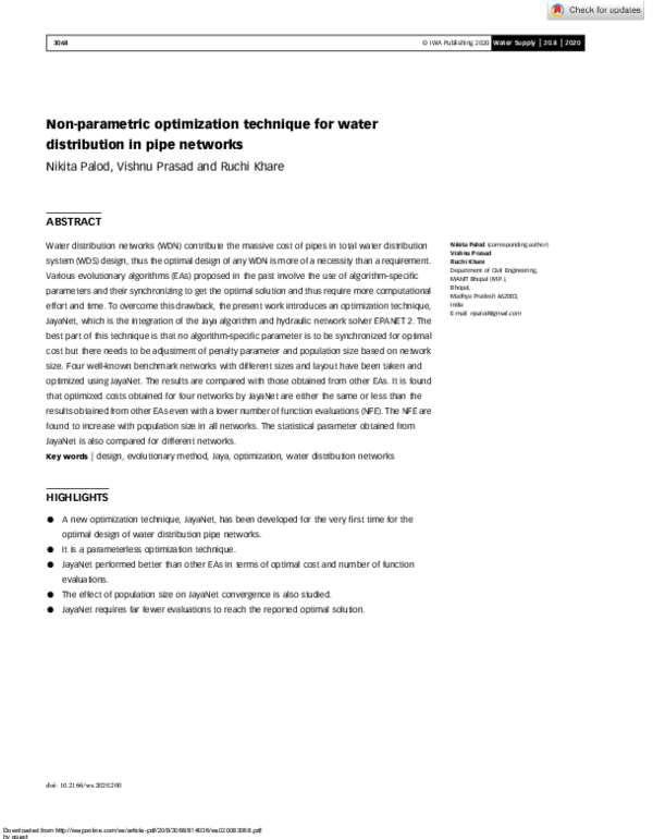 (PDF) Non-parametric optimization technique for water distribution in pipe networks | Nikita ...