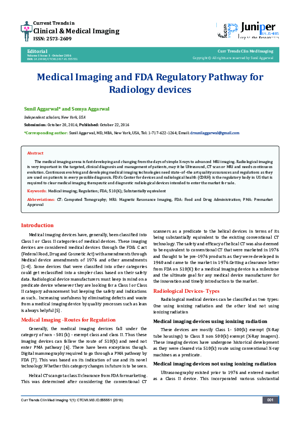 (PDF) Medical Imaging and FDA Regulatory Pathway for Radiology devices ...