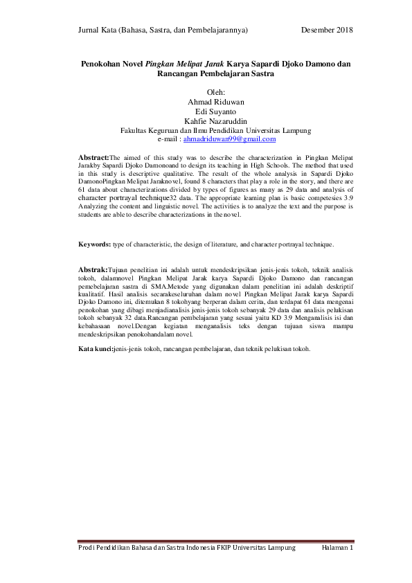 (PDF) Penokohan Novel Pingkan Melipat Jarak Karya Sapardi Djoko Damono ...