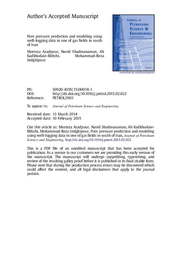 Pdf Pore Pressure Prediction And Modeling Using Well Logging Data In One Of The Gas Fields In