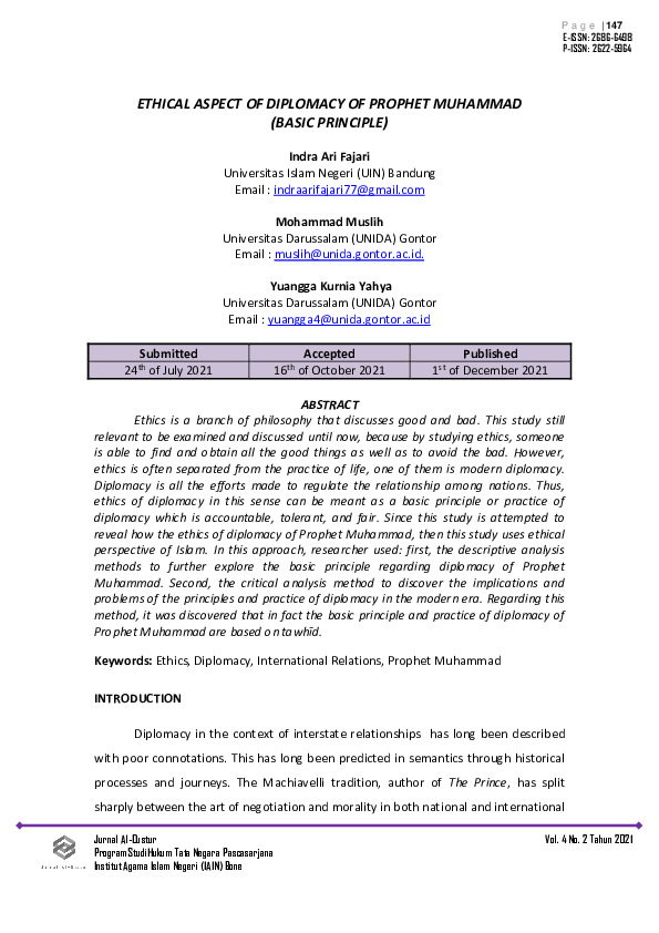 (PDF) Ethical Aspect of Diplomacy of Prophet Muhammad (Basic Principle)
