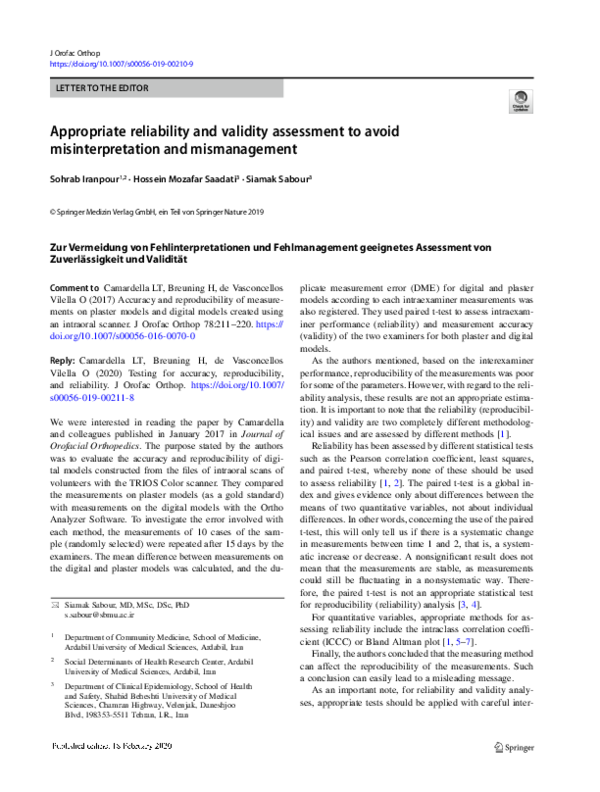 (PDF) Appropriate reliability and validity assessment to avoid misinterpretation and mismanagement